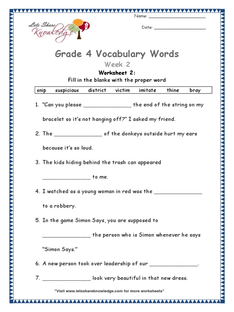 Grade 4 Vocabulary Week 2 Worksheet 2 | PDF