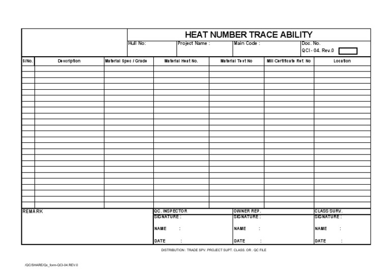 Heat Number Trace Ability: Hull No: Project Name: Main Code: Doc. No ...