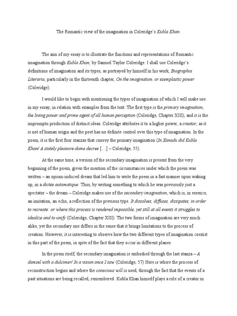 The Romantic View of The Imagination in Colridge's Kubla Khan | PDF ...
