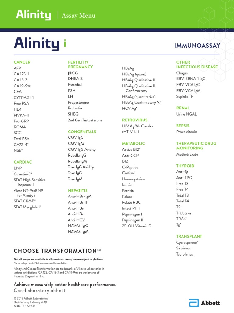 Abbott ADD-00059733 - Alinity Ci International Assay Menu PDF | PDF | Biochemistry | Chemistry
