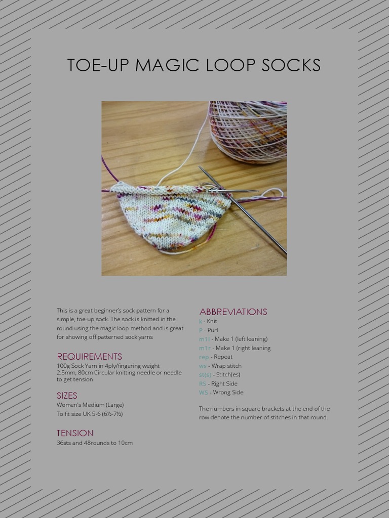 Basic Toe Up Magic Loop Socks | PDF | Knitting | Handicrafts