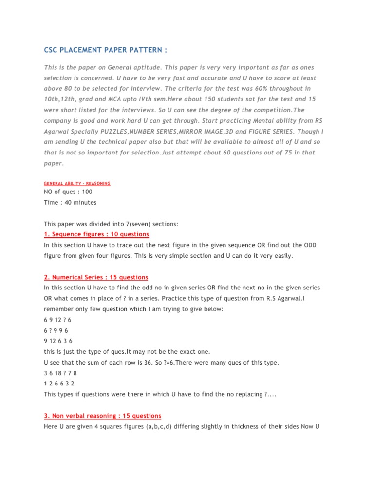 CSC Placement Paper Pattern | PDF | Areas Of Computer Science | Computing