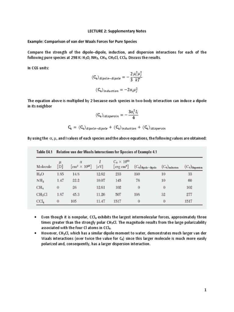 LECTURE 2: Supplementary Notes Example: Comparison of Van Der Waals ...