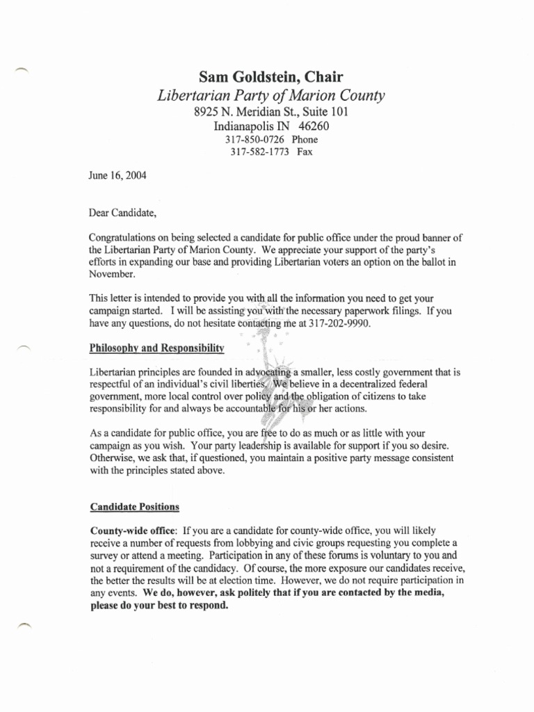 2004 Candidate Welcome Letter | PDF | Government | Public Sphere