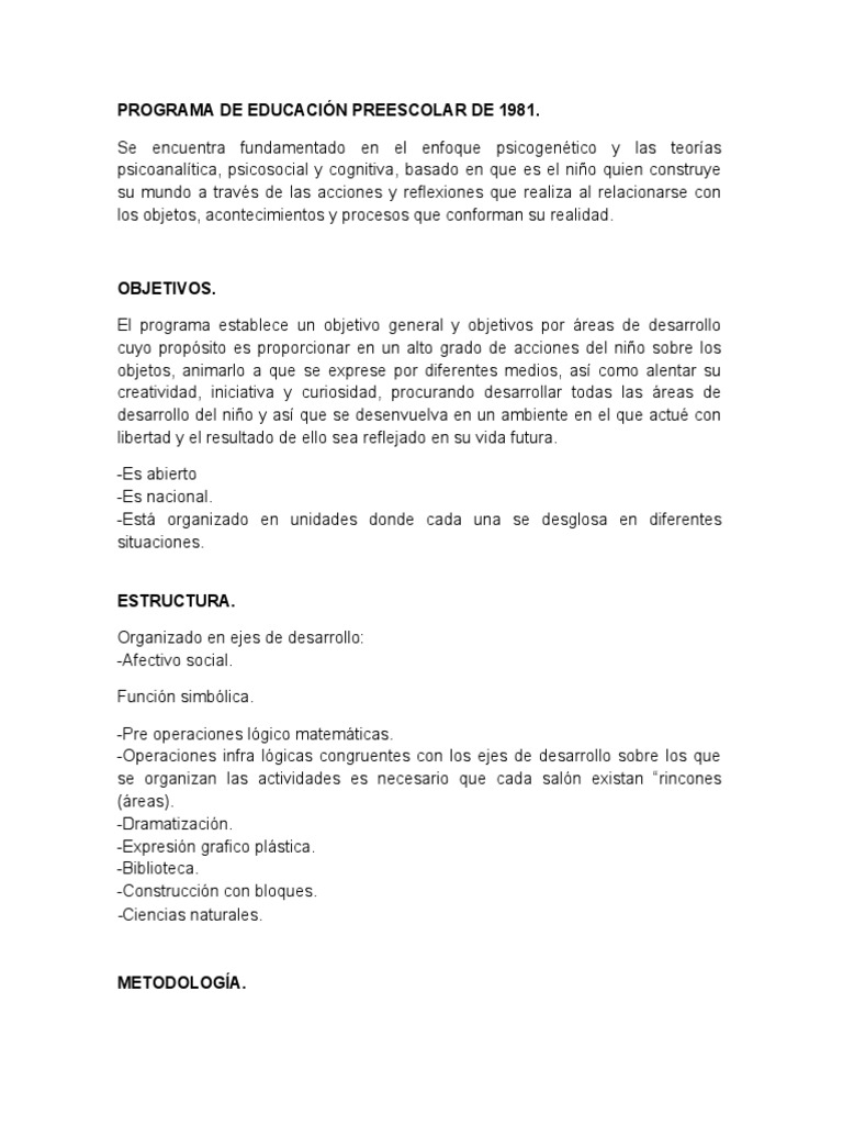 Programa de Educación Preescolar de 1981 | PDF