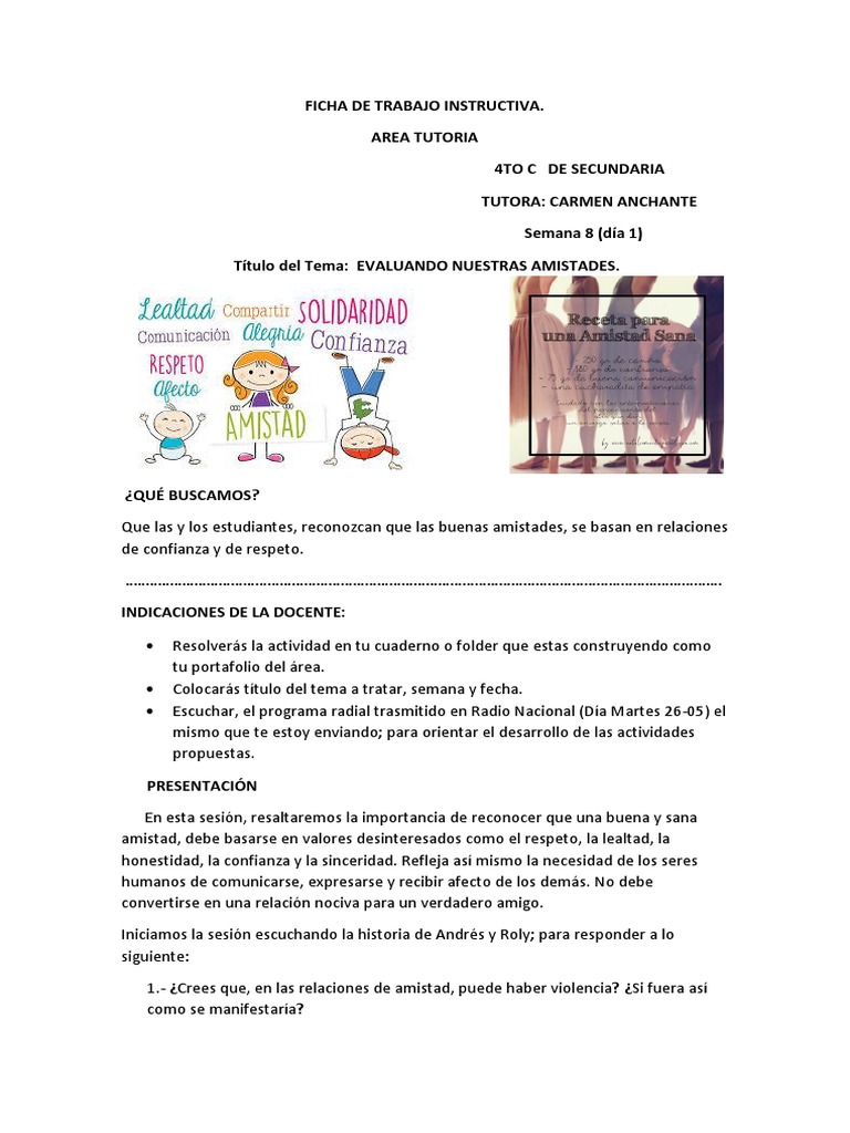 Ficha Instructiva de Tutoria 4to Sec - Semana 8 PDF | PDF