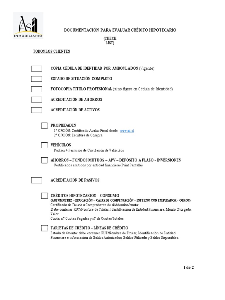 Check List Aprobacion Hipotecaria | PDF | Tarjeta de crédito | Hipoteca ...