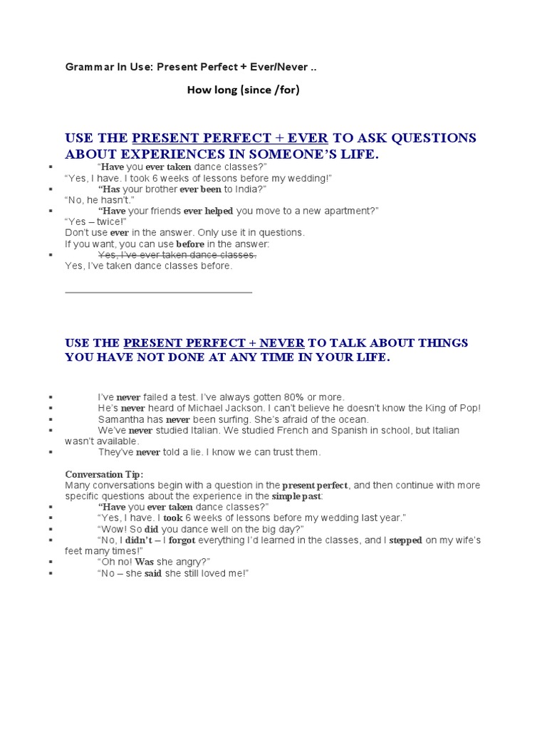 Use The Present Perfect + Ever To Ask Questions About Experiences in ...
