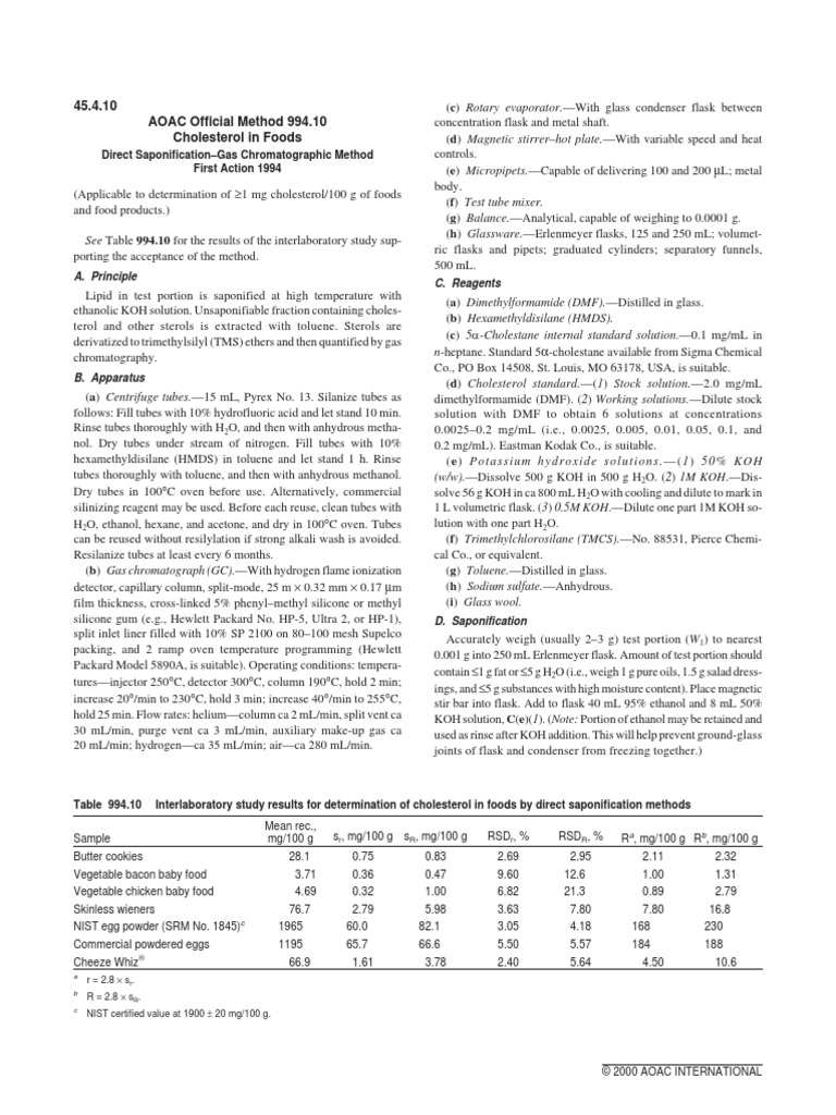 AOAC 994.10 - GC - Cholesterol in Foods PDF | PDF | Gas Chromatography ...