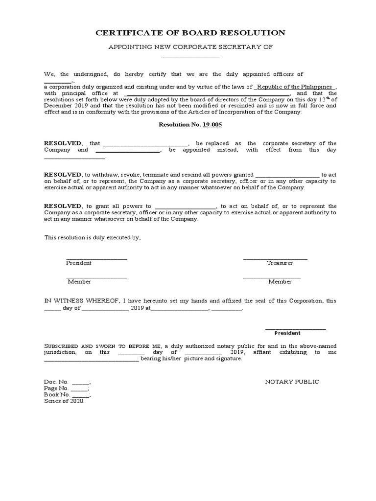 Certificate of Board Resolution: Appointing New Corporate Secretary of ...