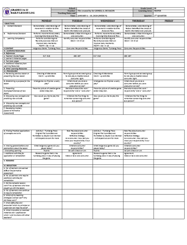 GRADES 1 To 12 Daily Lesson Log | PDF | Learning | Teachers