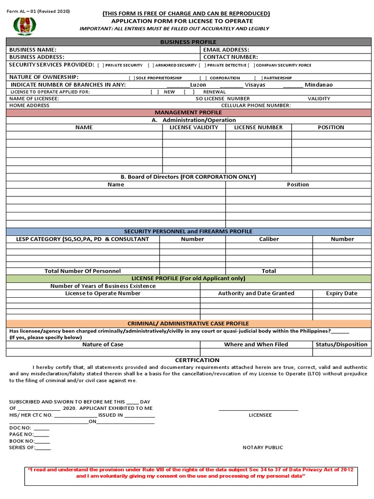 Application Form For License To Operate: Important: All Entries Must Be ...