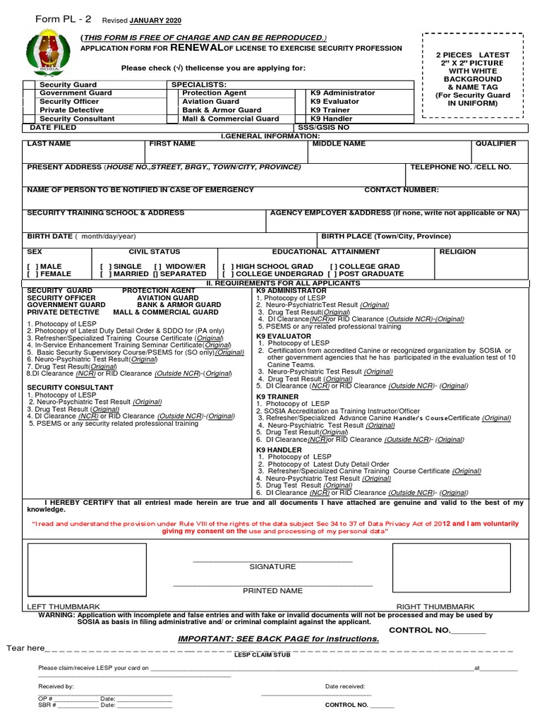 Renewal Application Form 2020 | PDF | Security Guard | Private Investigator