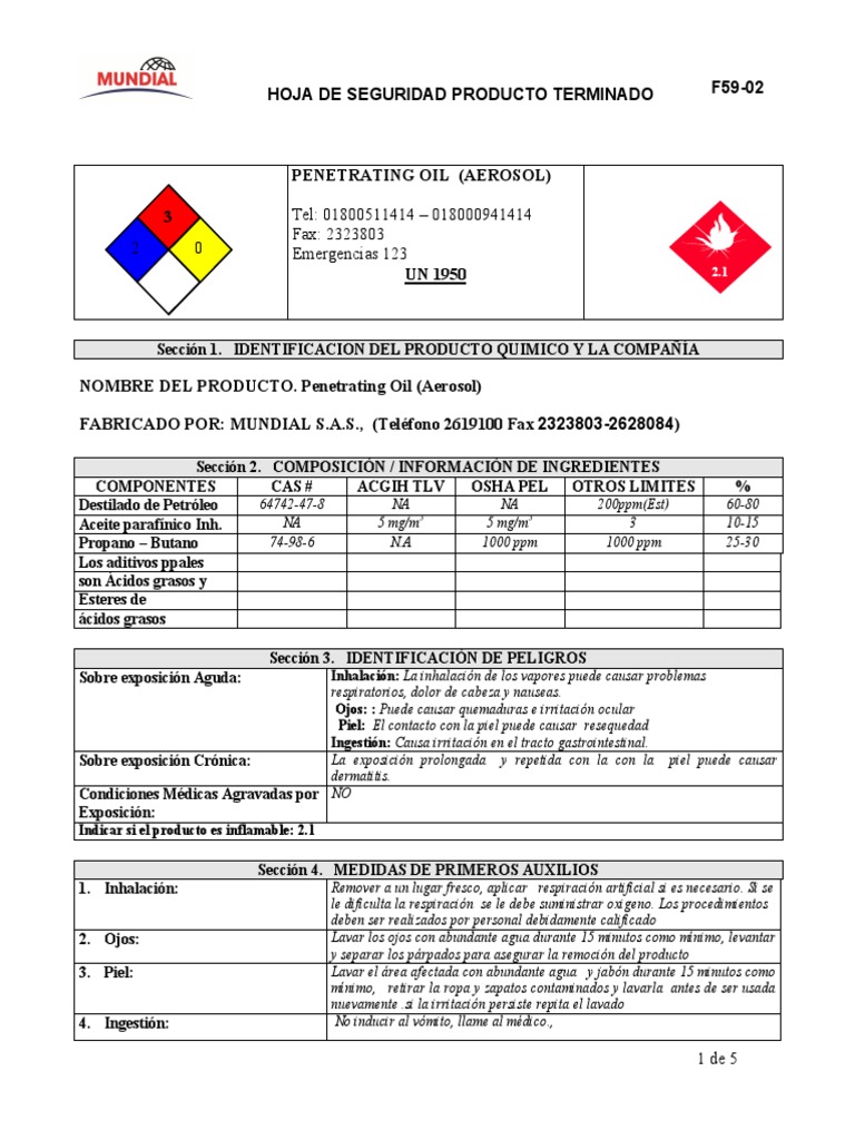 MSDS Penetrating Oil Aerosol PDF | PDF | Solvente | Aerosol