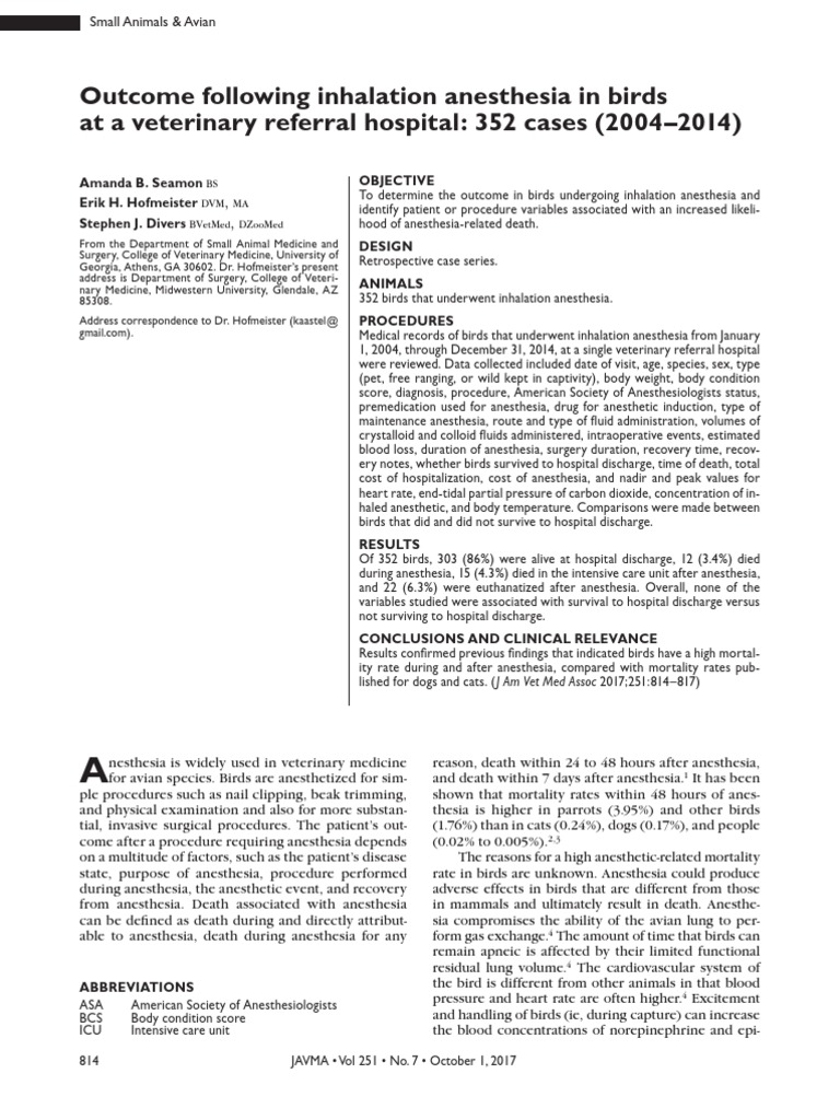 Outcome Following Inhalation Anesthesia in Birds at A Veterinary ...