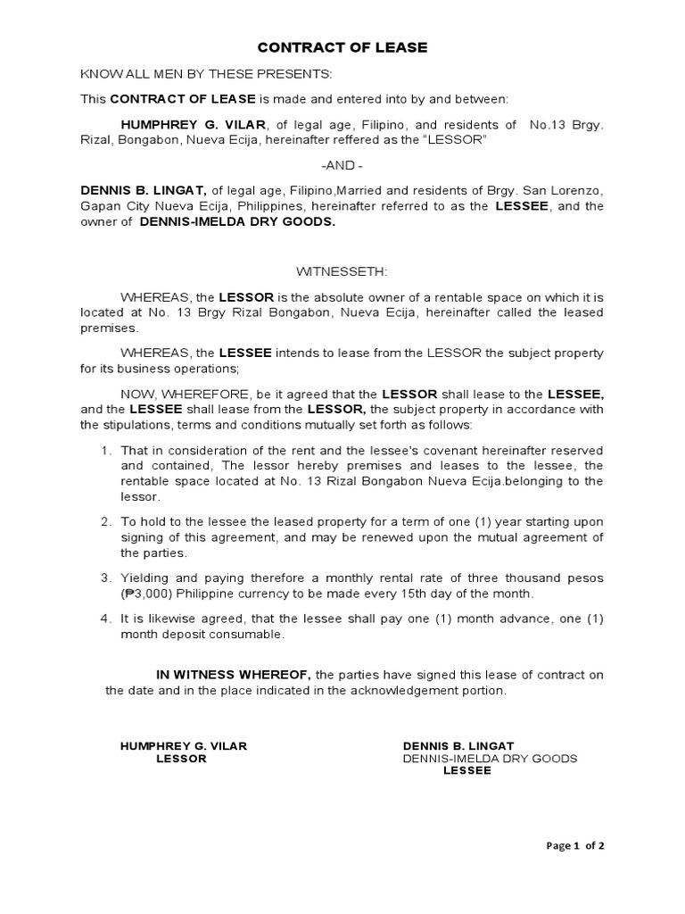Contract of Lease: HUMPHREY G. VILAR, of Legal Age, Filipino, and ...