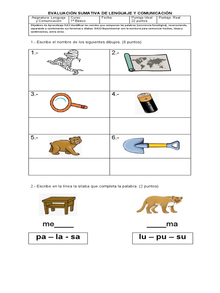 EVALUACIÓN DE LENGUAJE 1° Letras M-P-L-S | PDF