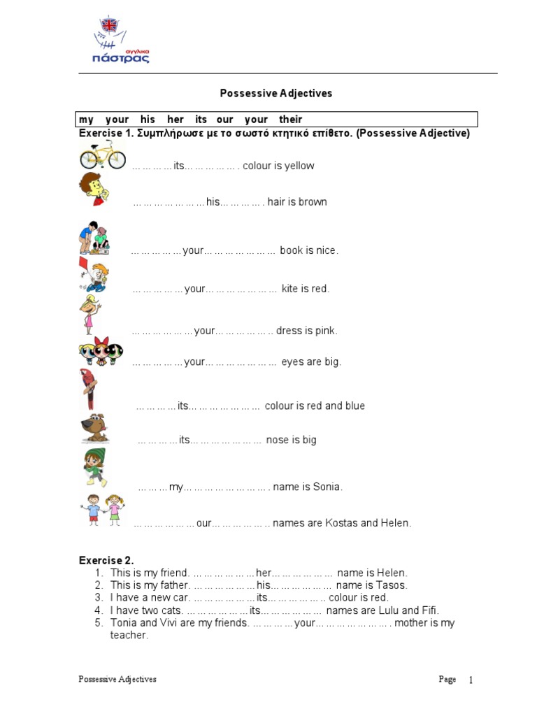 Possessive Adjectives my your his her its our your their Exercise 1 ...