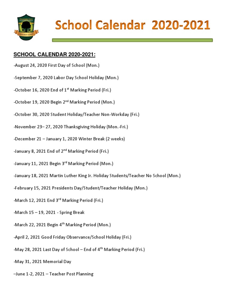 School Calendar 2020 PDF | PDF
