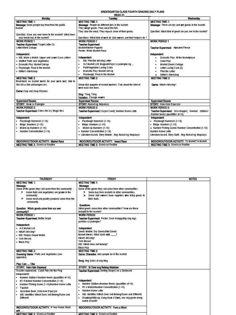 Kindergarten Market Activities Plan | PDF | Shape | Books