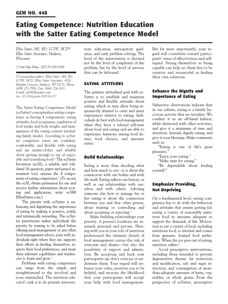 Eating Competence: Nutrition Education With The Satter Eating ...
