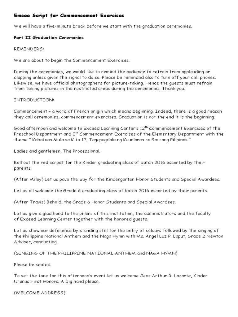Emcee Script For Commencement Exercises: Part II Graduation Ceremonies ...