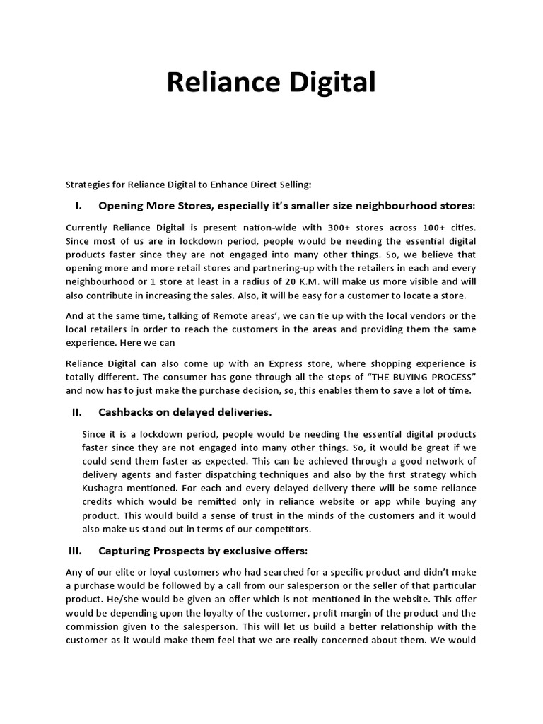 Reliance Digital Direct Selling Strategies | PDF | Retail | Sales