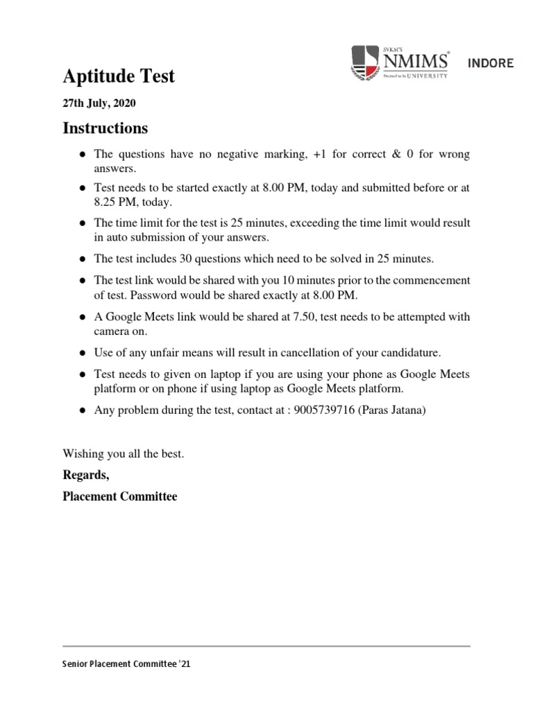 Aptitude Test Instructions PDF | PDF