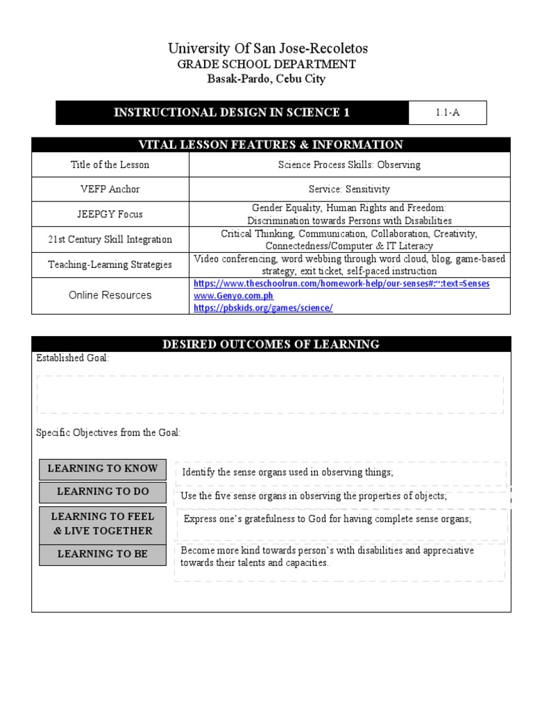Sense Organs Lesson Plan for Grade 1 | PDF | Disability | Instructional ...