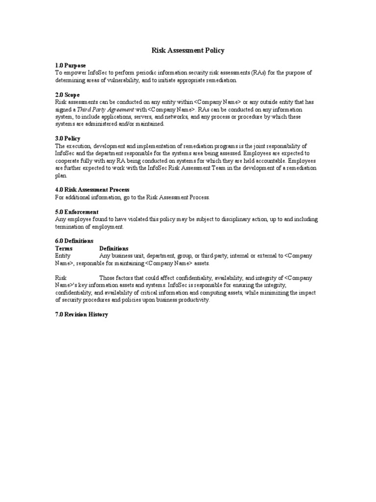 Risk Assessment Policy: 1.0 Purpose | PDF | Computers