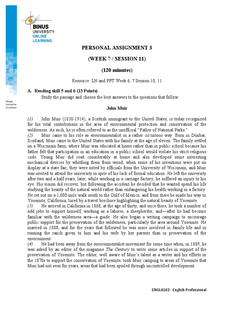 Personal Assignment 3 (Week 7 / Session 11) (120 Minutes) : A. Reading ...