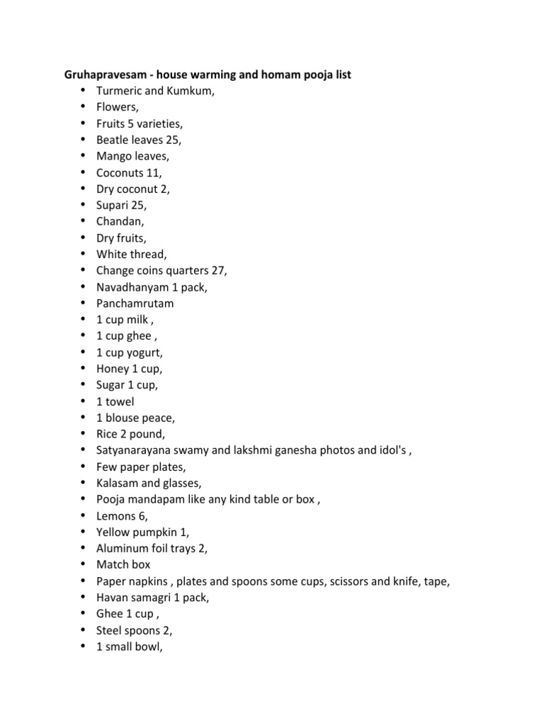 Gruhapravesam - House Warming and Homam Pooja List | PDF