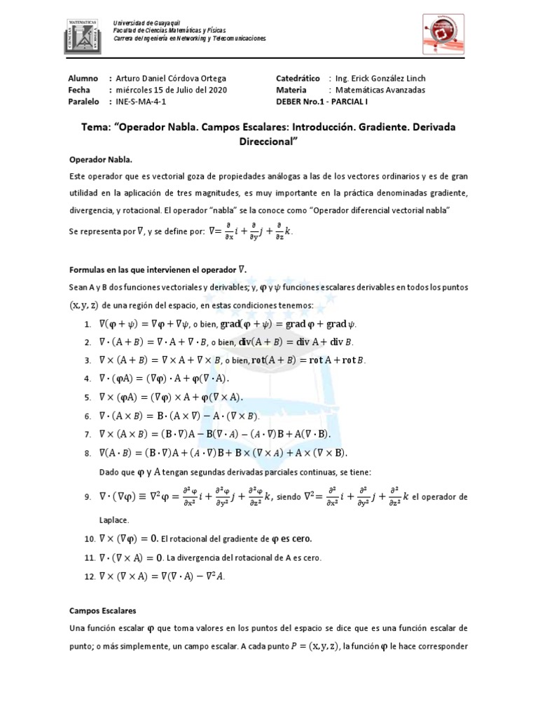 Vector Nabla, Gradiante, y Operaciones Elementales | PDF | Degradado ...