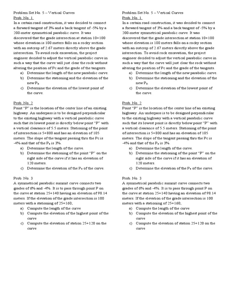 Prob Set 5 - Vertical Curves | PDF | Tangent | Slope