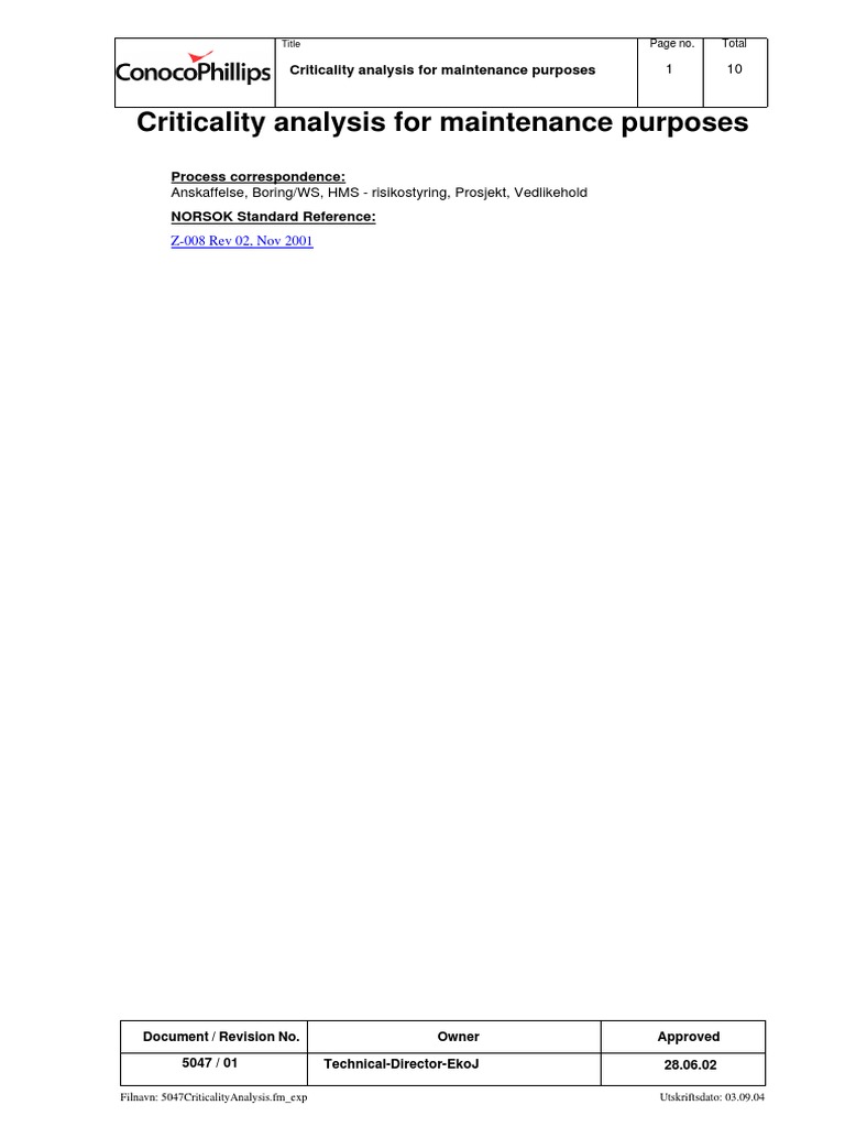 Criticality Analysis Conoco Phillips PDF | PDF | Reliability Engineering | Mechanical Engineering