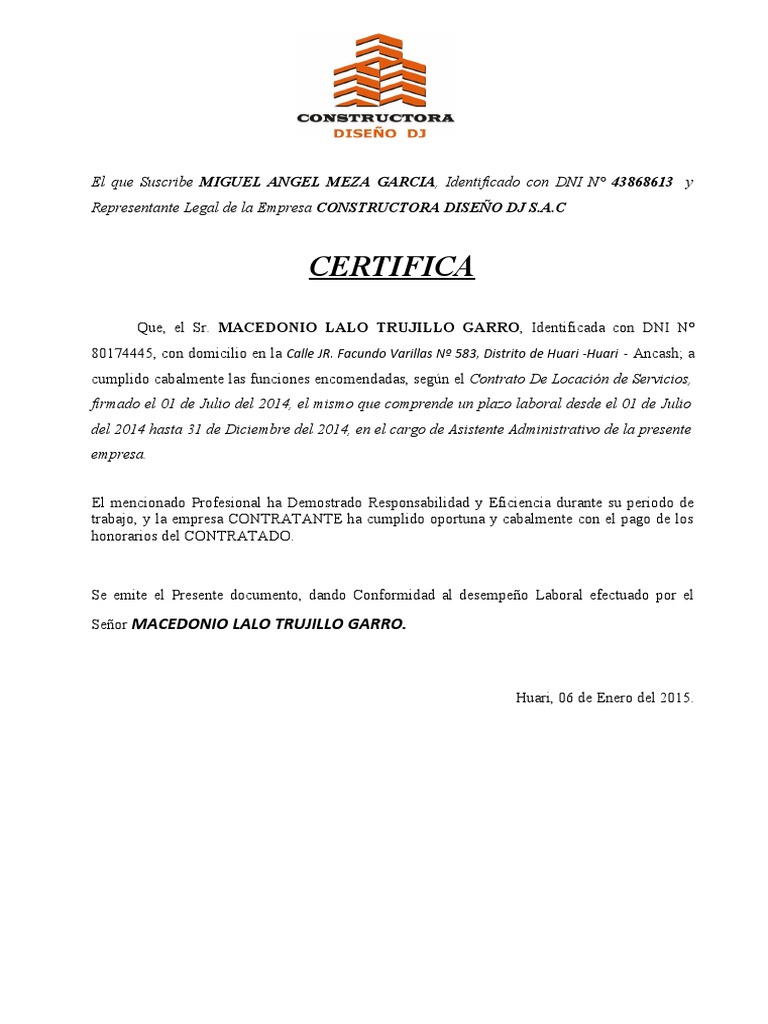 CERTIFICADO DE TRABAJO - Constructora Diseño DJ | PDF