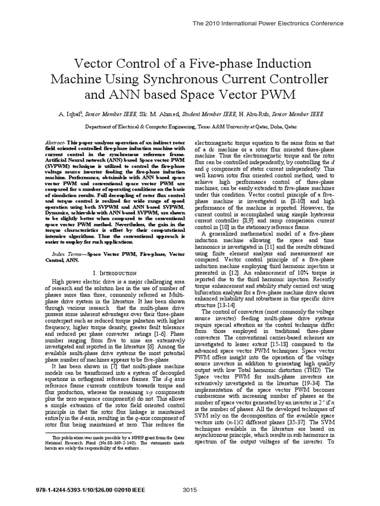 Vector Control of A Five-Phase Induction Machine Using Synchronous Current Controller and ANN ...