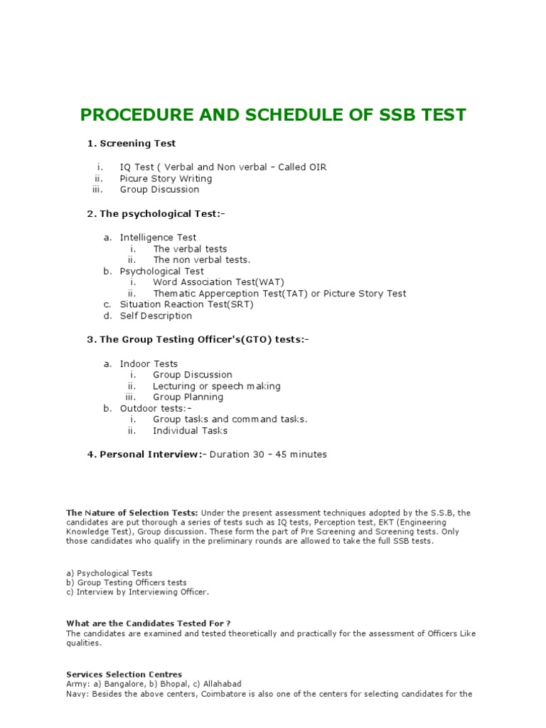 Procedure and Schedule of SSB Test | PDF | Psychological Testing ...