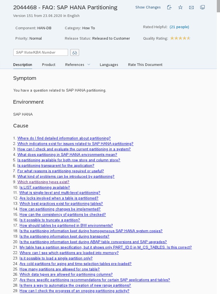FAQ - SAP HANA Partitioning - SAP ONE Support Launchpad | PDF