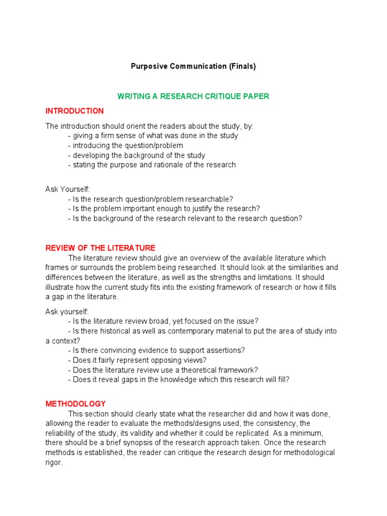 Writing A Research Critique Paper: Purposive Communication (Finals ...