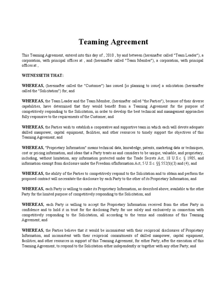 Teaming Agreement: Witnesseth That: Whereas | PDF | Arbitration ...