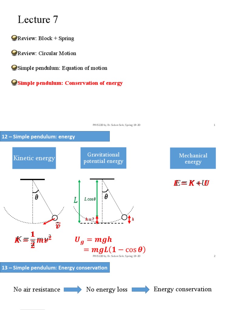 Review: Block + Spring Review: Circular Motion Simple Pendulum ...