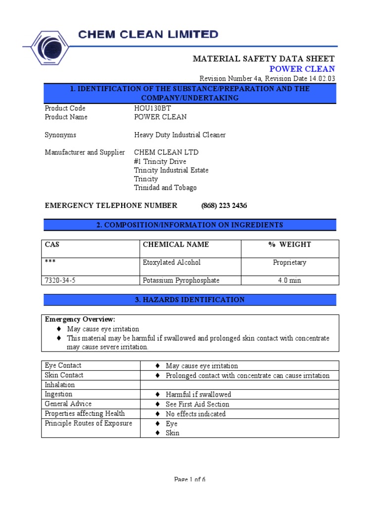 Power-Clean-MSDS - Chem Clean Limited | PDF | Personal Protective ...