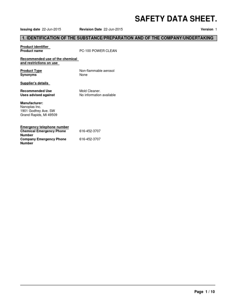 Power-Clean-Sds - PC 100 | PDF | Toxicity | Superfund