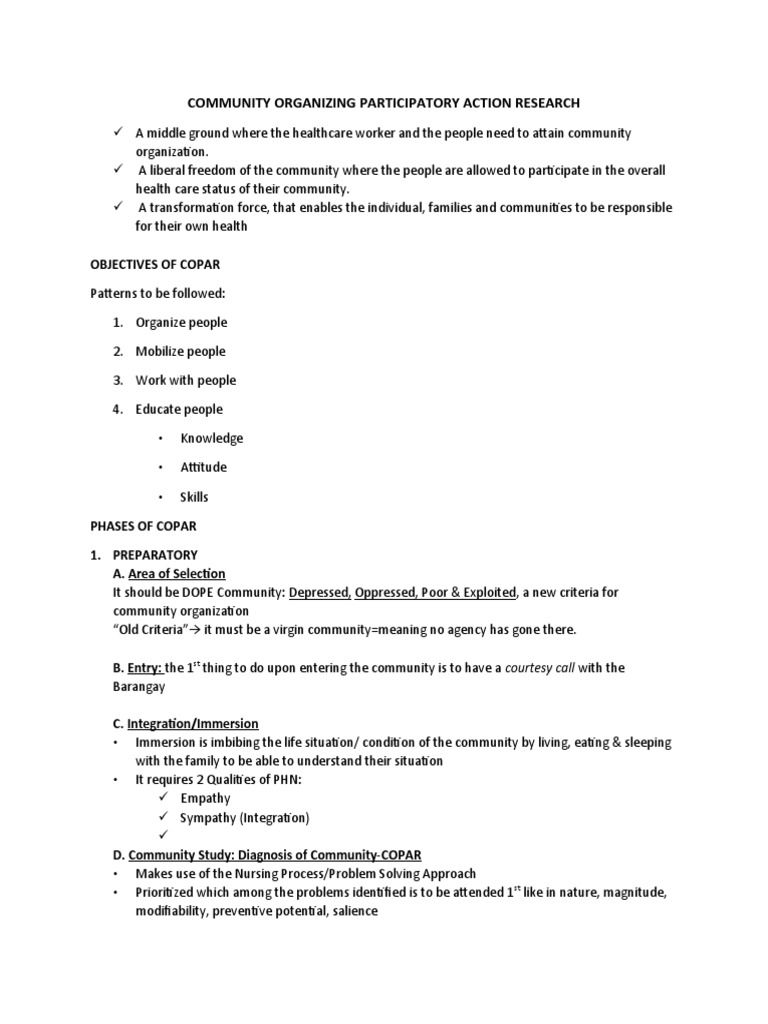 Community Organizing Participatory Action Research: Objectives of Copar ...