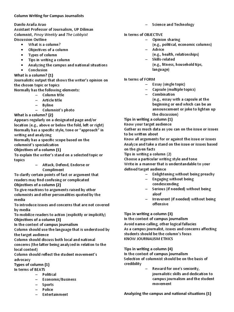 Column Writing For Campus Journalists | PDF | Internet | Journalism