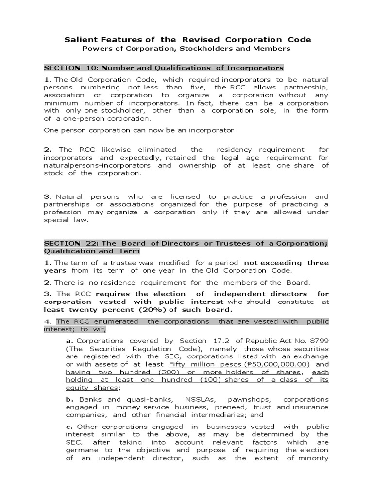 Salient Features of The Revised Corporation Code | PDF | Corporations ...