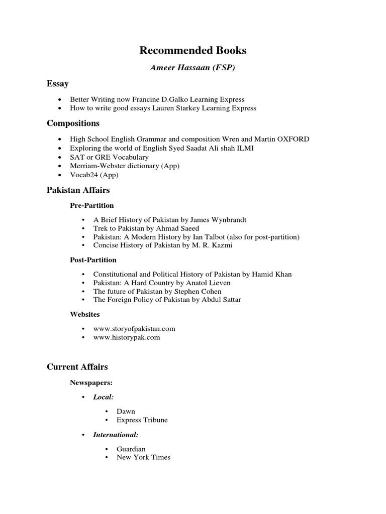 Recommended Books: Essay | PDF | Pakistan