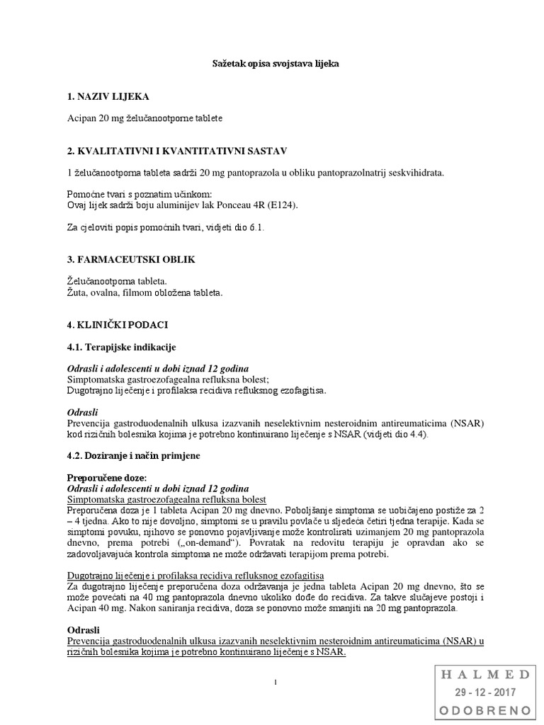Acipan 20 MG - Opis Lijeka | PDF