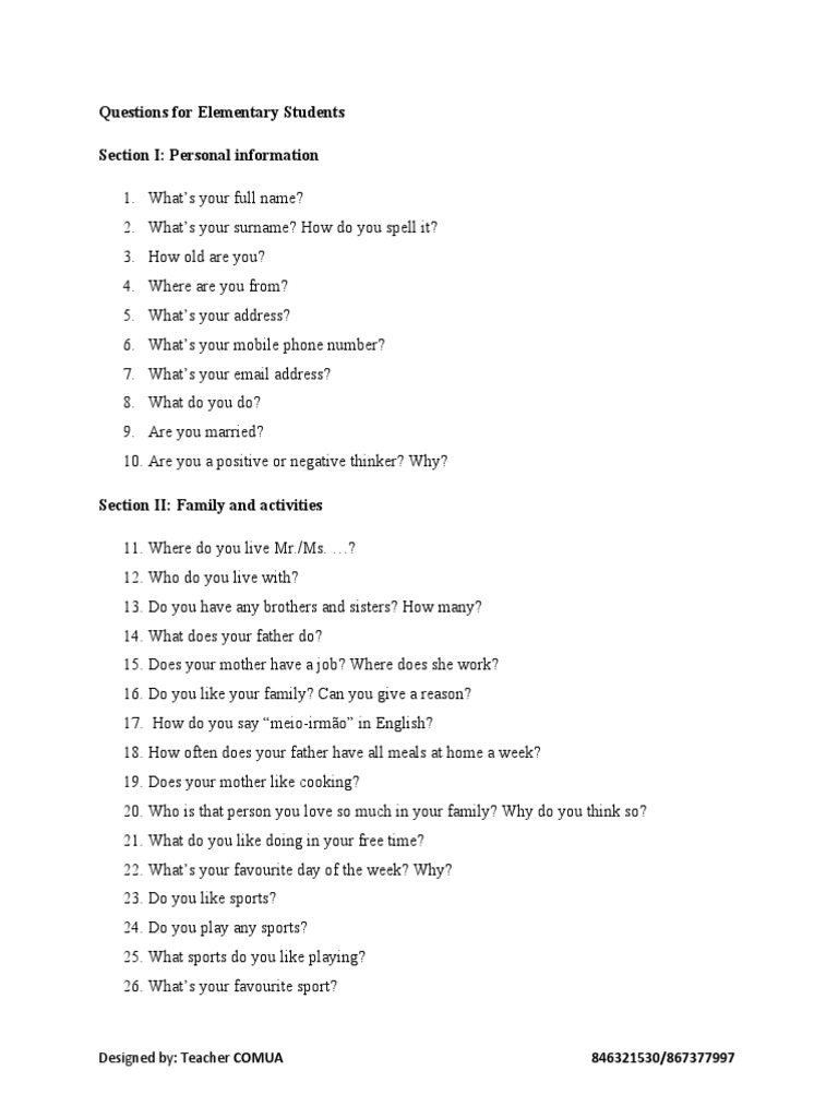 Questions For Elementary Students | PDF | Foods